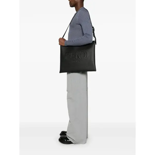 Fendi Calf Leather Embossed Logo Shoulder Bag - Black