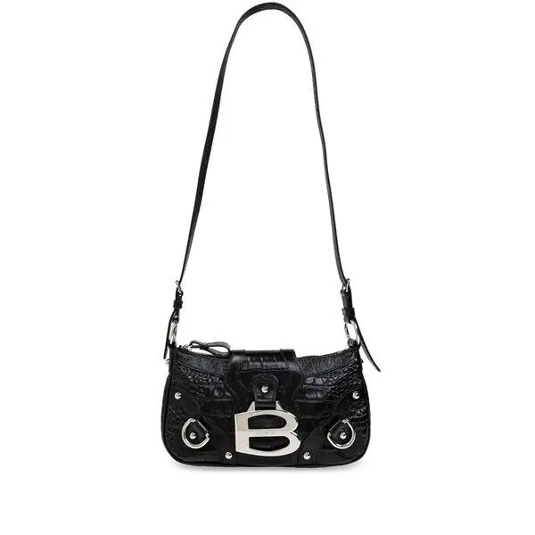 Balenciaga Calf Leather Crocodile Effect Shoulder Bag - Black