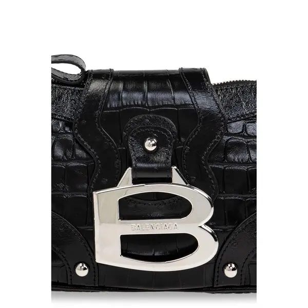 Balenciaga Calf Leather Crocodile Effect Shoulder Bag - Black