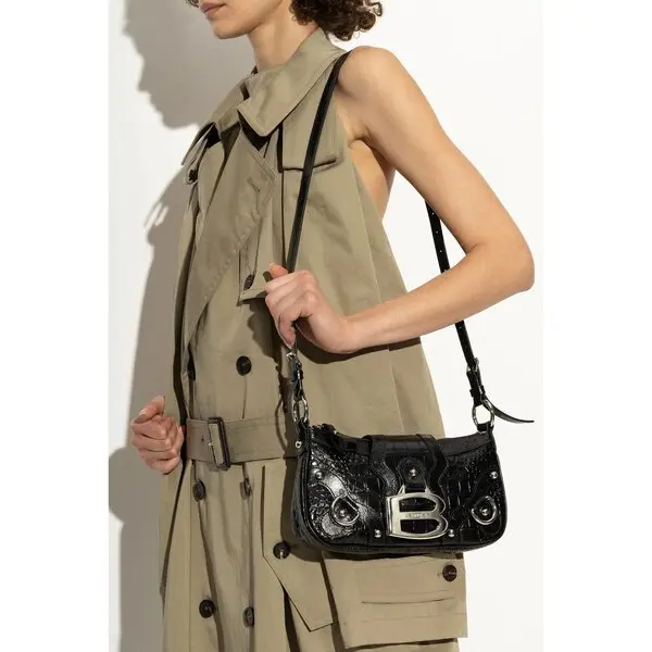 Balenciaga Calf Leather Crocodile Effect Shoulder Bag - Black