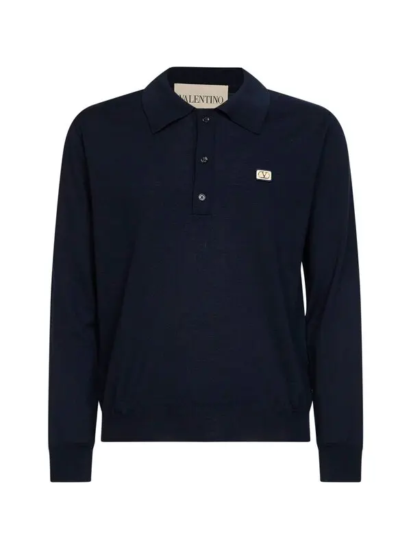 Valentino Garavani Navy Blue Wool Knit Polo Shirt With Vlogo Patch