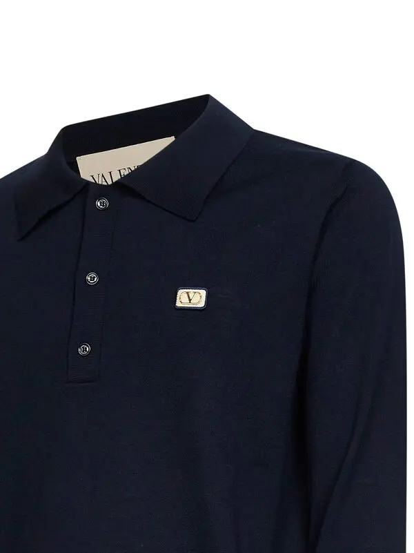 Valentino Garavani Navy Blue Wool Knit Polo Shirt With Vlogo Patch
