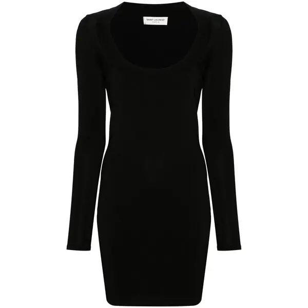 Saint Laurent Ribbed Fine Knit Long Sleeve Dress - Black
