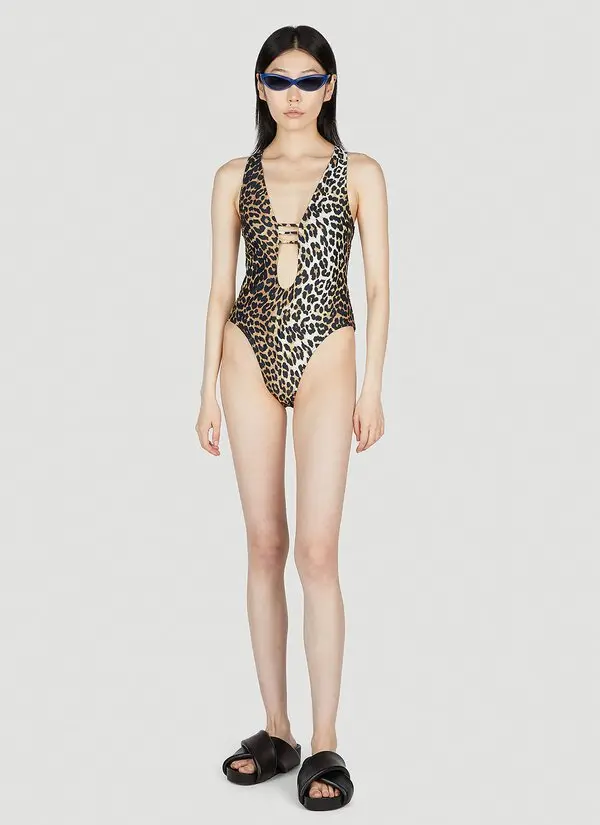 GANNI Leopard Print V-neck One-piece Swimsuit