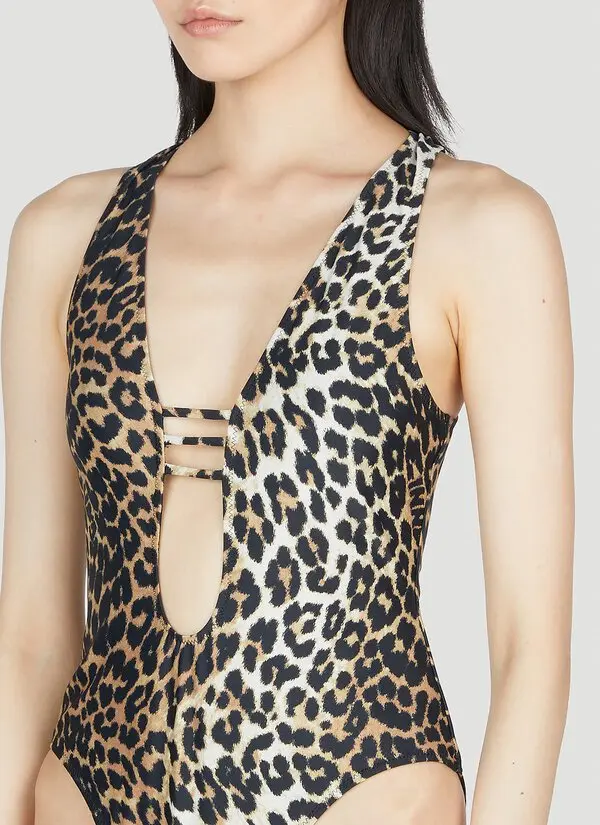 GANNI Leopard Print V-neck One-piece Swimsuit