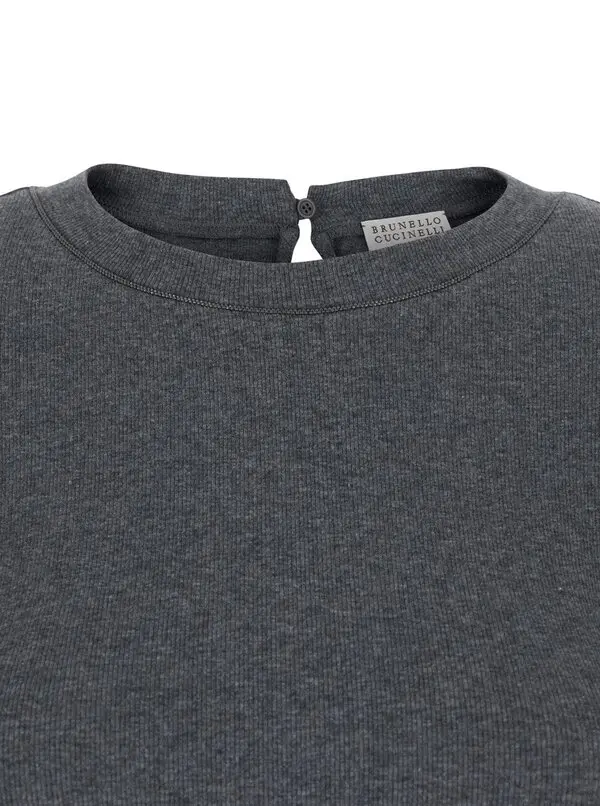 Brunello Cucinelli Ribbed Cotton T-shirt With Three-quarter Sleeves - Gray