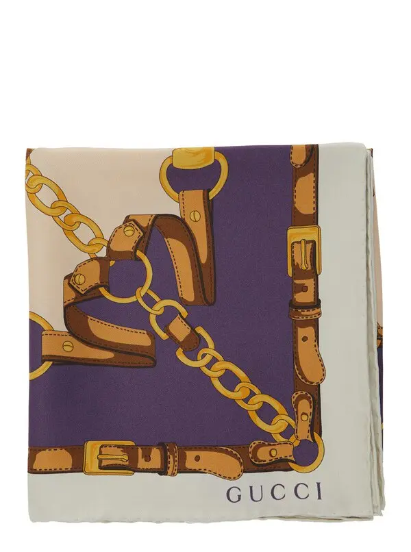 Gucci Multicolored Square Scarf With Chain Print And Lettering Logo In Silk For - Multicolor
