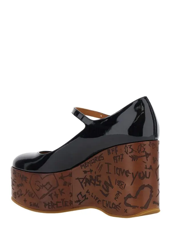 Chloé Black Leather Mary Jane Wedge Heels