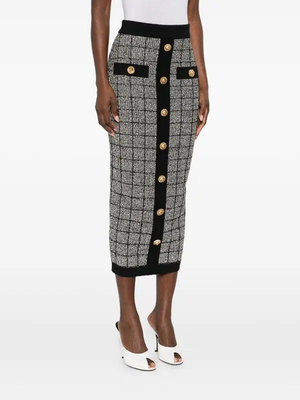 Balmain Tweed Check Pattern Long Skirt With Gold-tone Buttons - Multicolor