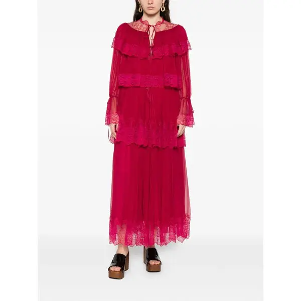 Chloé Lace Tiered Long Sleeve Dress - Pink