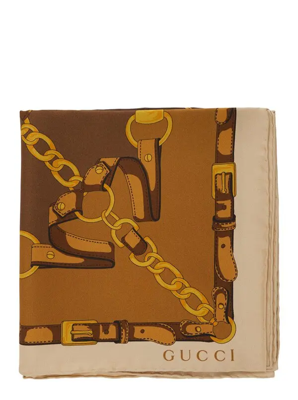 Gucci Square Scarf With Chain Print And Logo Lettering In Silk For - Brown