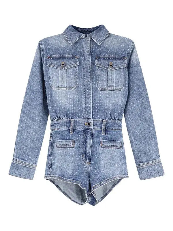 SELF-PORTRAIT Embellished Denim Playsuit - Blue