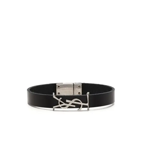 Saint Laurent Calf Leather Logo Plaque Clasp Fastening Bracelet - Black