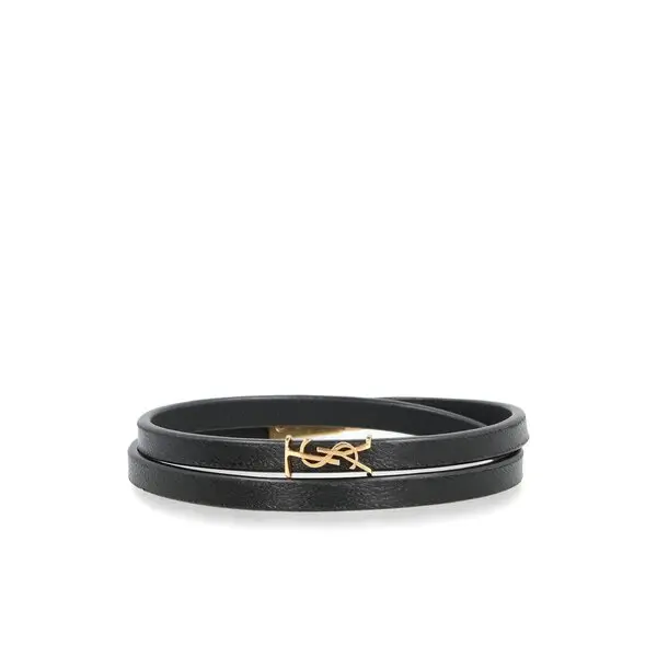 Saint Laurent Calf Leather Logo Plaque Clasp Fastening Bracelet - Black