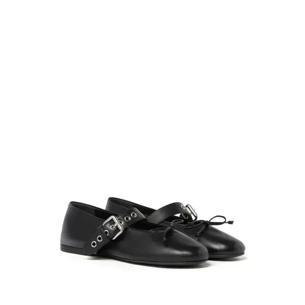 Miu Miu Calf Leather Round Toe Ballet Flats With Buckle Strap
