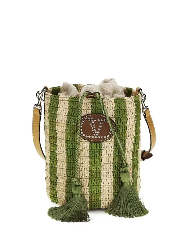 Valentino Garavani Striped Raffia Bucket Bag - Green