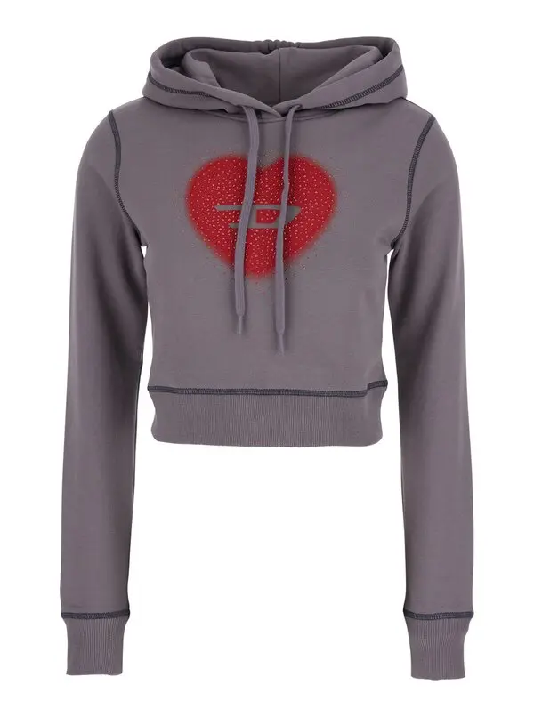 DIESEL® Cropped Hoodie With Rhinestone Heart Detail - Gray