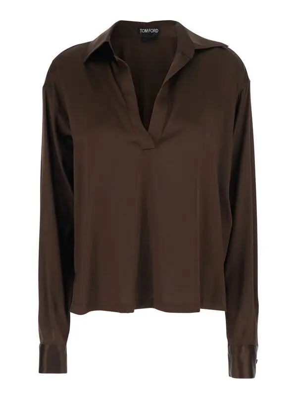 TOM FORD Silk Blouse With Wide Pointed Collar - Brown