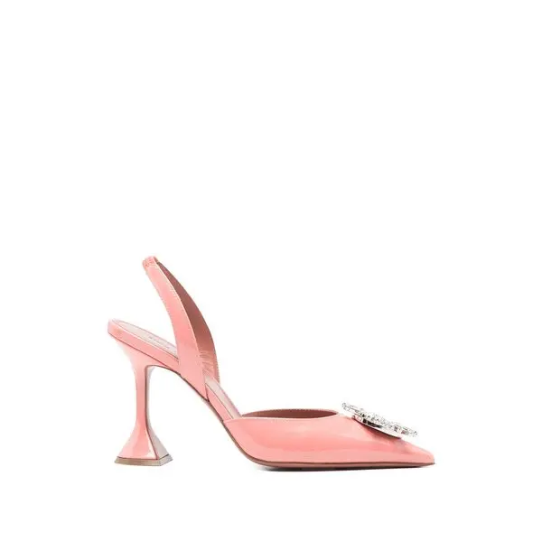 Amina Muaddi Patent Pointed Toe Embellished Slingback Heels - Pink