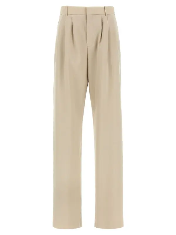 Saint Laurent Pleated Wide Leg Wool Trousers - Cream