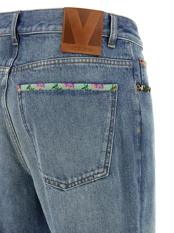 Valentino Garavani Floral Trimmed Denim Jeans - Blue