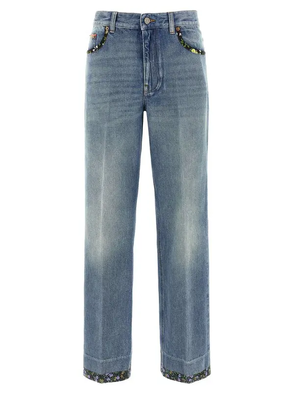 Valentino Garavani Floral Trimmed Denim Jeans - Blue