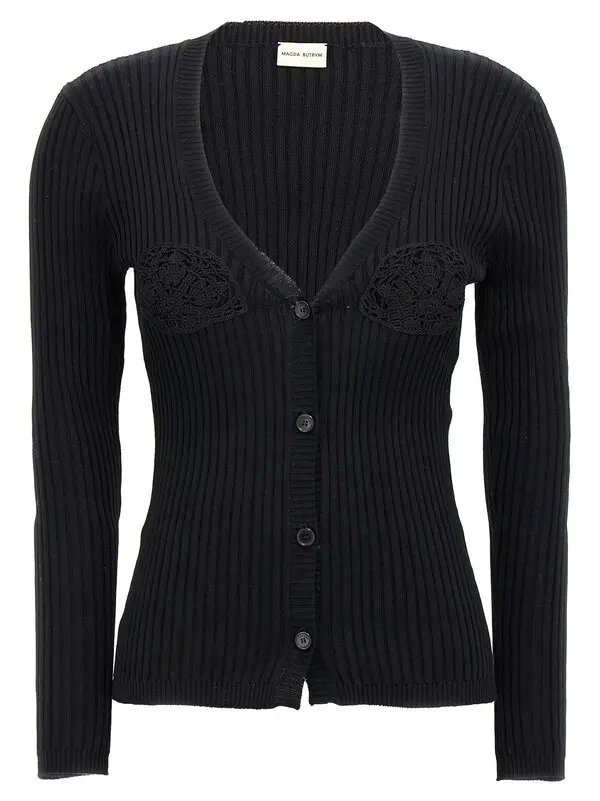 Magda Butrym Ribbed Cotton Cardigan With Macramé Detail - Black