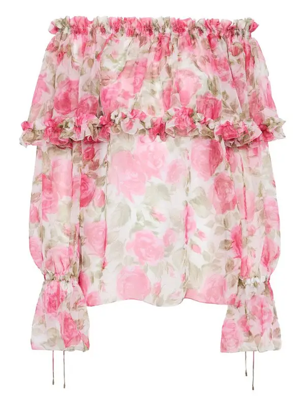 Chloé Off-the-shoulder Puff-sleeve Top In Floral Silk Mousseline - Multicolor