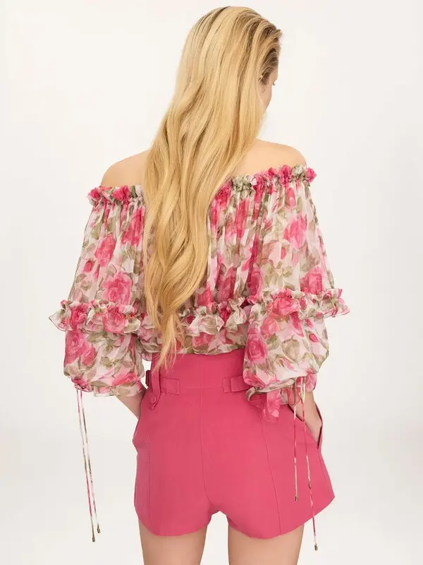 Chloé Off-the-shoulder Puff-sleeve Top In Floral Silk Mousseline - Multicolor