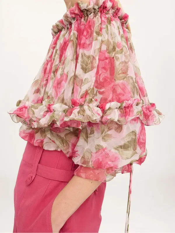 Chloé Off-the-shoulder Puff-sleeve Top In Floral Silk Mousseline - Multicolor