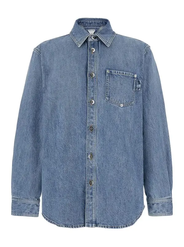 Bottega Veneta Light Blue Oversized Shirt With Patch Pocket In Cotton Denim