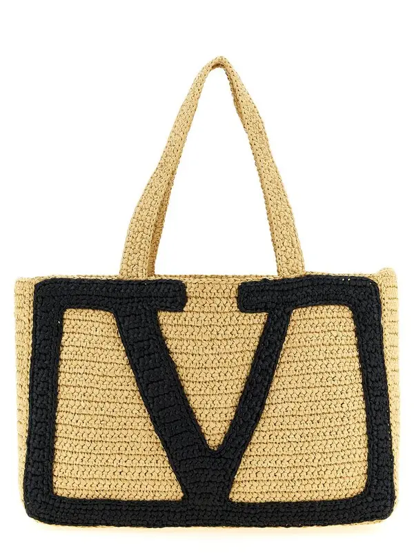 Valentino Garavani Viva Superstar" Large Shopping Bag In Crochet Raffia With Maxi Vlogo - Cream