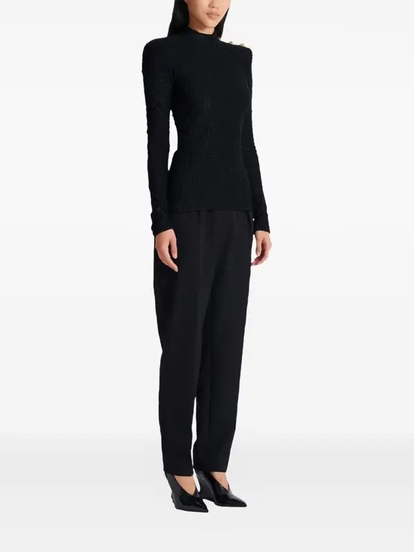 Balmain Monogram High-neck Bouclette Top With Shoulder Buttons