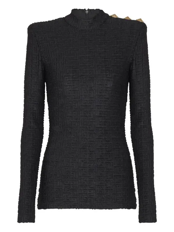 Balmain Monogram High-neck Bouclette Top With Shoulder Buttons - Multicolor