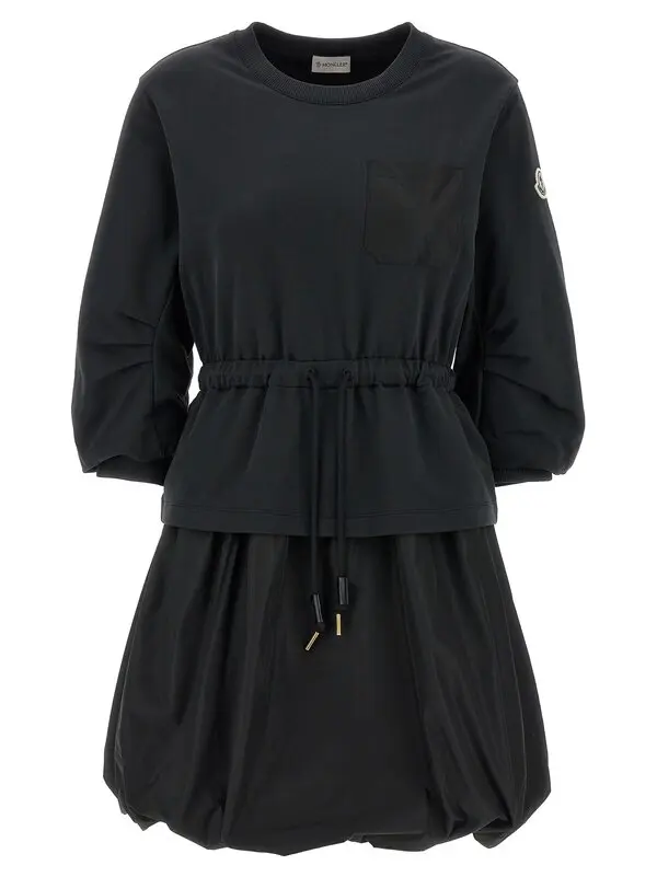 Moncler Two-material Dress With Drawstring Waist And Balloon Skirt