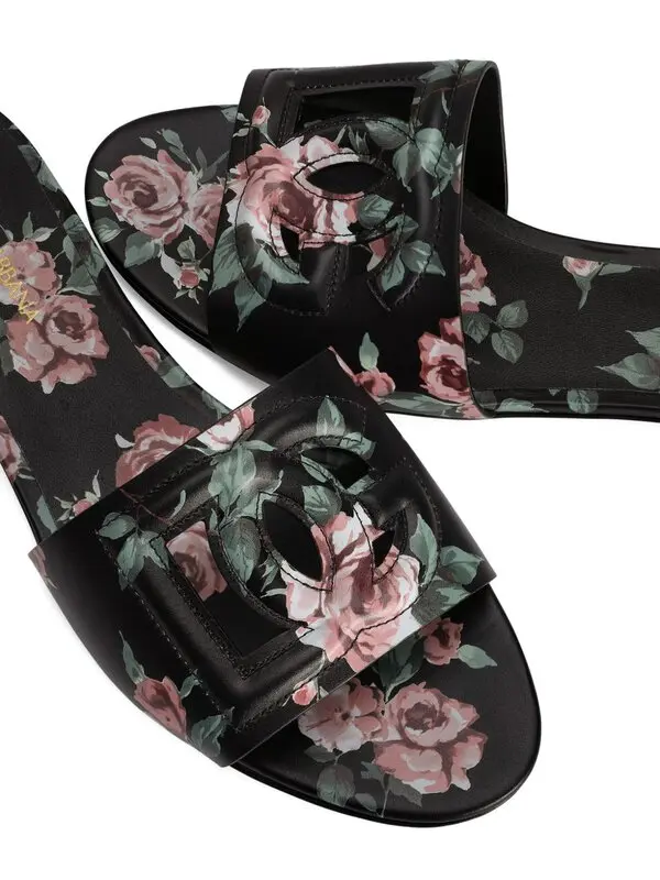 Dolce & Gabbana Dg Logo Floral Print Leather Flat Sandals - Multicolor