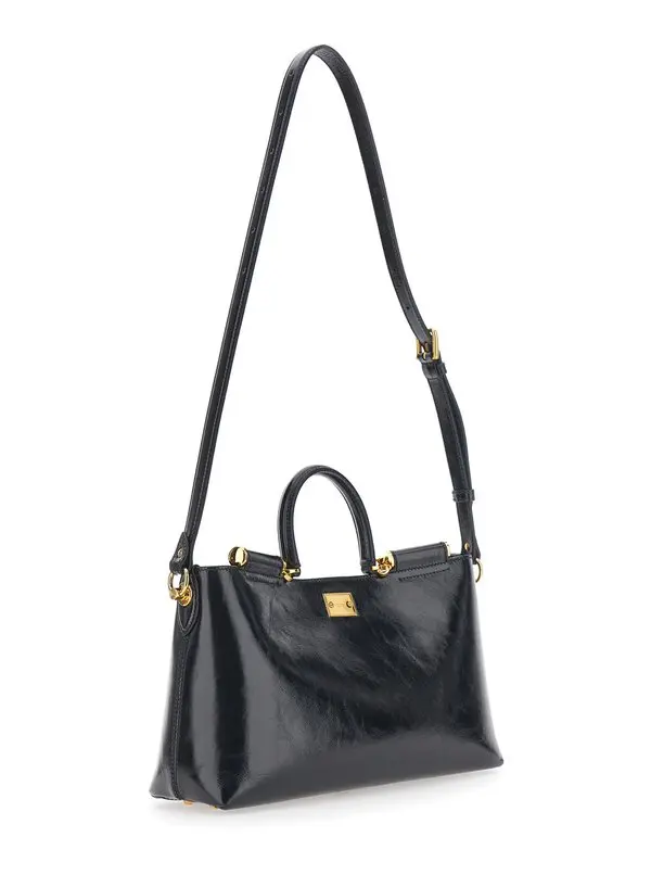 Dolce & Gabbana Leather Handbag With Adjustable Shoulder Strap And Logo Plate - Black
