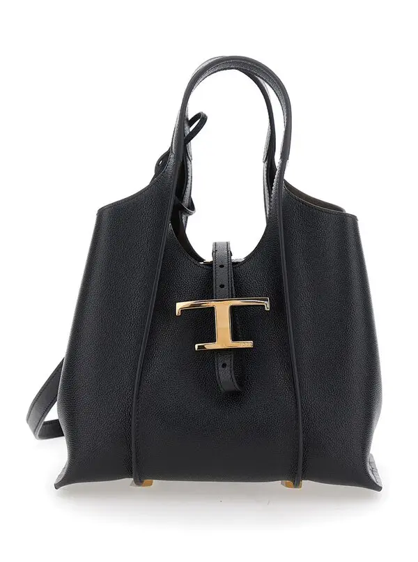 TOD'S Black Hammered Leather Logo Plate Tote Bag - Multicolor