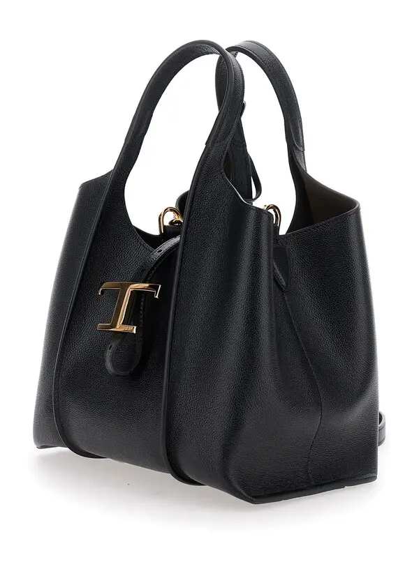 TOD'S Black Hammered Leather Logo Plate Tote Bag - Multicolor
