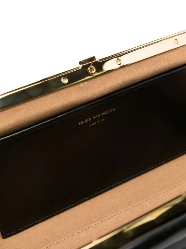 Dries Van Noten Leather Clutch With Top Handle And Shoulder Strap - Black