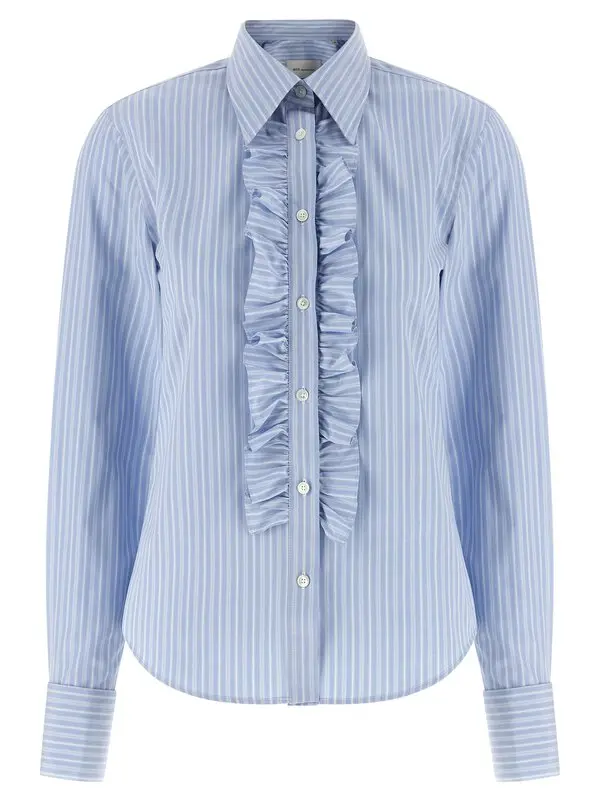 AMI Paris Striped Cotton Poplin Jabot Shirt - Blue