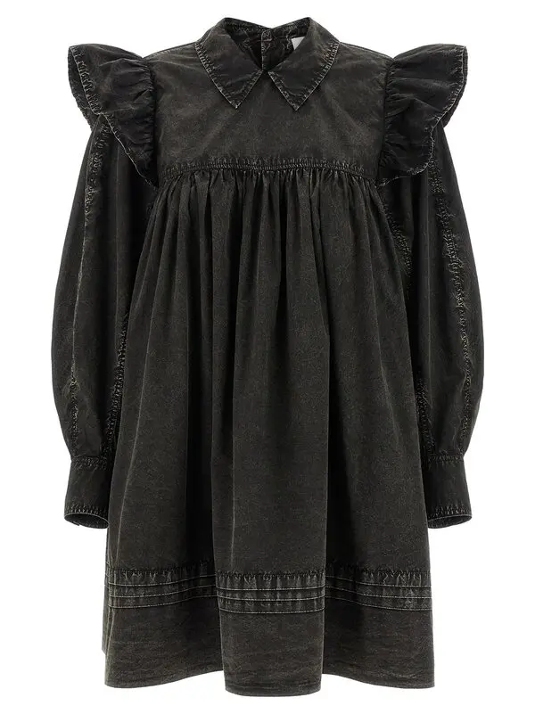 GANNI Washed Cotton Mini Shirt Dress With Ruffles - Black