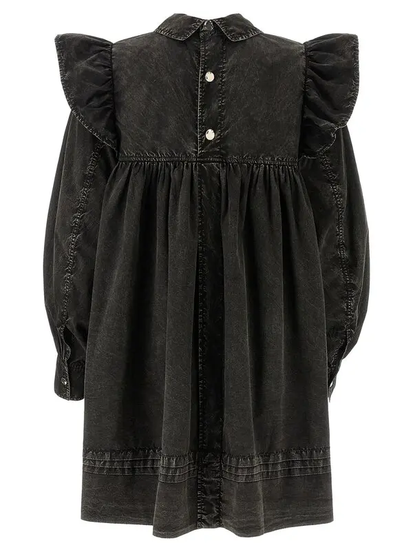 GANNI Washed Cotton Mini Shirt Dress With Ruffles - Black