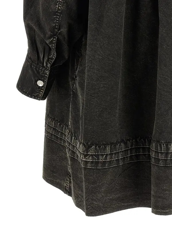 GANNI Washed Cotton Mini Shirt Dress With Ruffles - Black