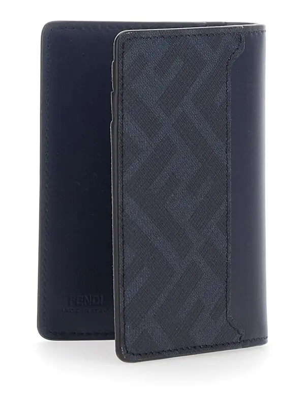 Fendi Blue Leather Card Holder With Ff Logo Plate On The Front For