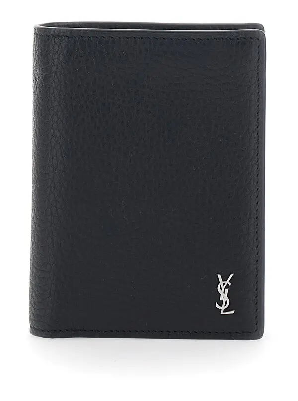 Saint Laurent Cassandre Card Holder With Hammered Leather Front Plate Black - Multicolor