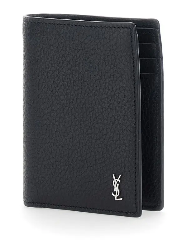 Saint Laurent Cassandre Card Holder With Hammered Leather Front Plate Black - Multicolor