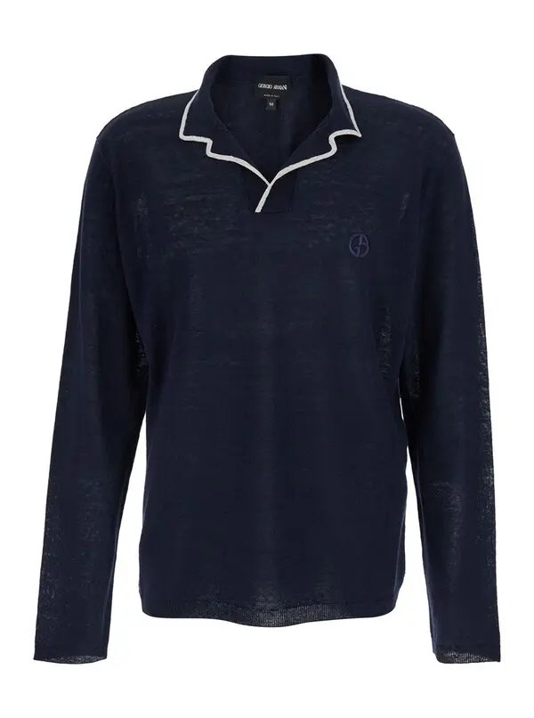 Giorgio Armani Linen And Silk Blend Sweater With Contrasting Collar And Embroidered Logo - Multicolor
