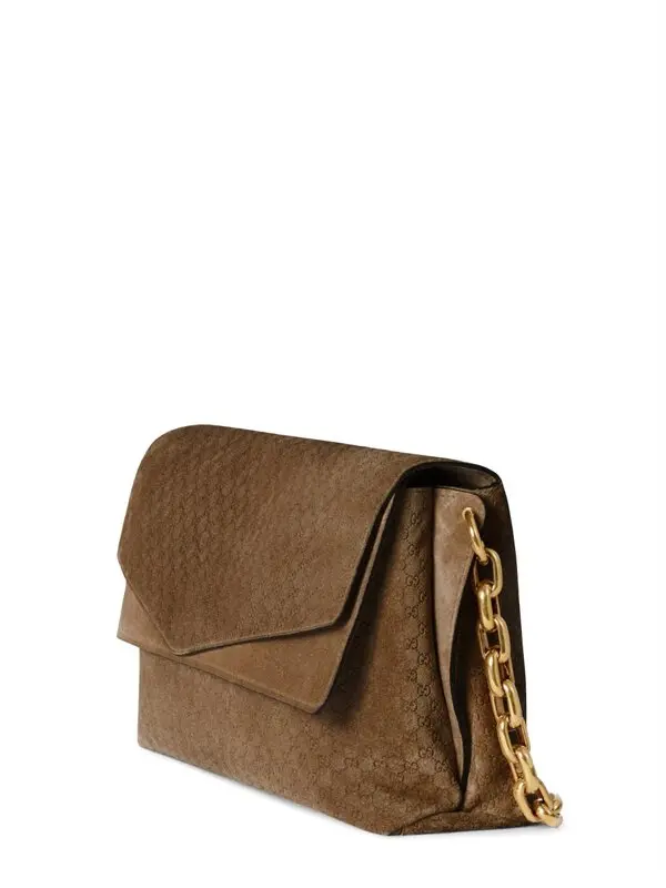 Gucci Suede Gg Monogram Shoulder Bag With Chain Strap - Brown