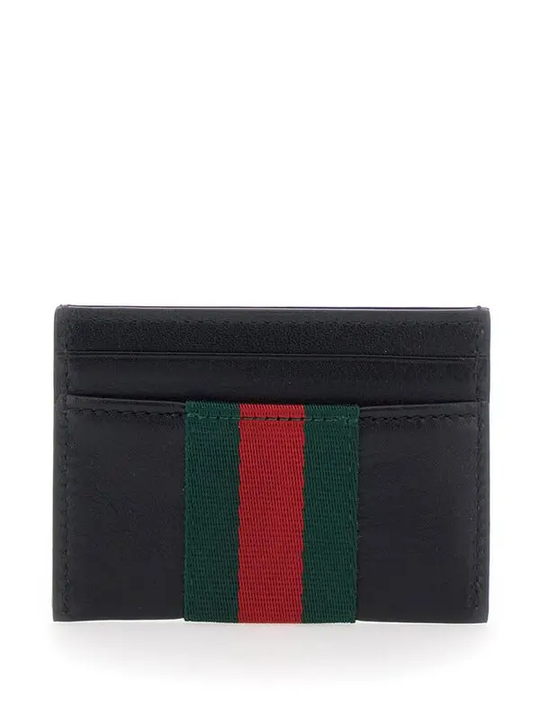 Gucci Black Card Holder With Web Detail In Leather For